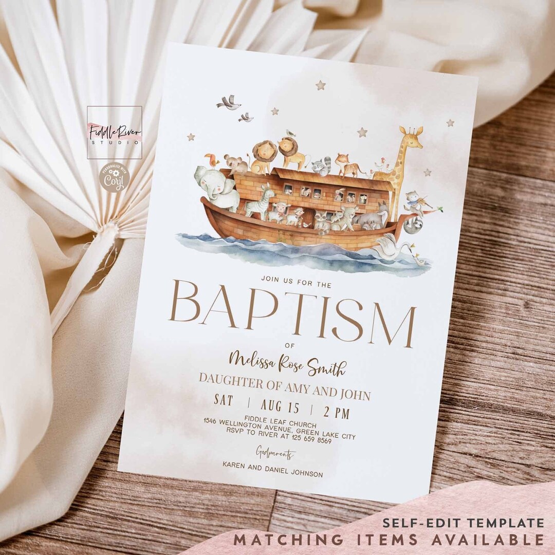 Editable Gender Neutral Noah's Ark Theme Animals Baptism Invitation ...