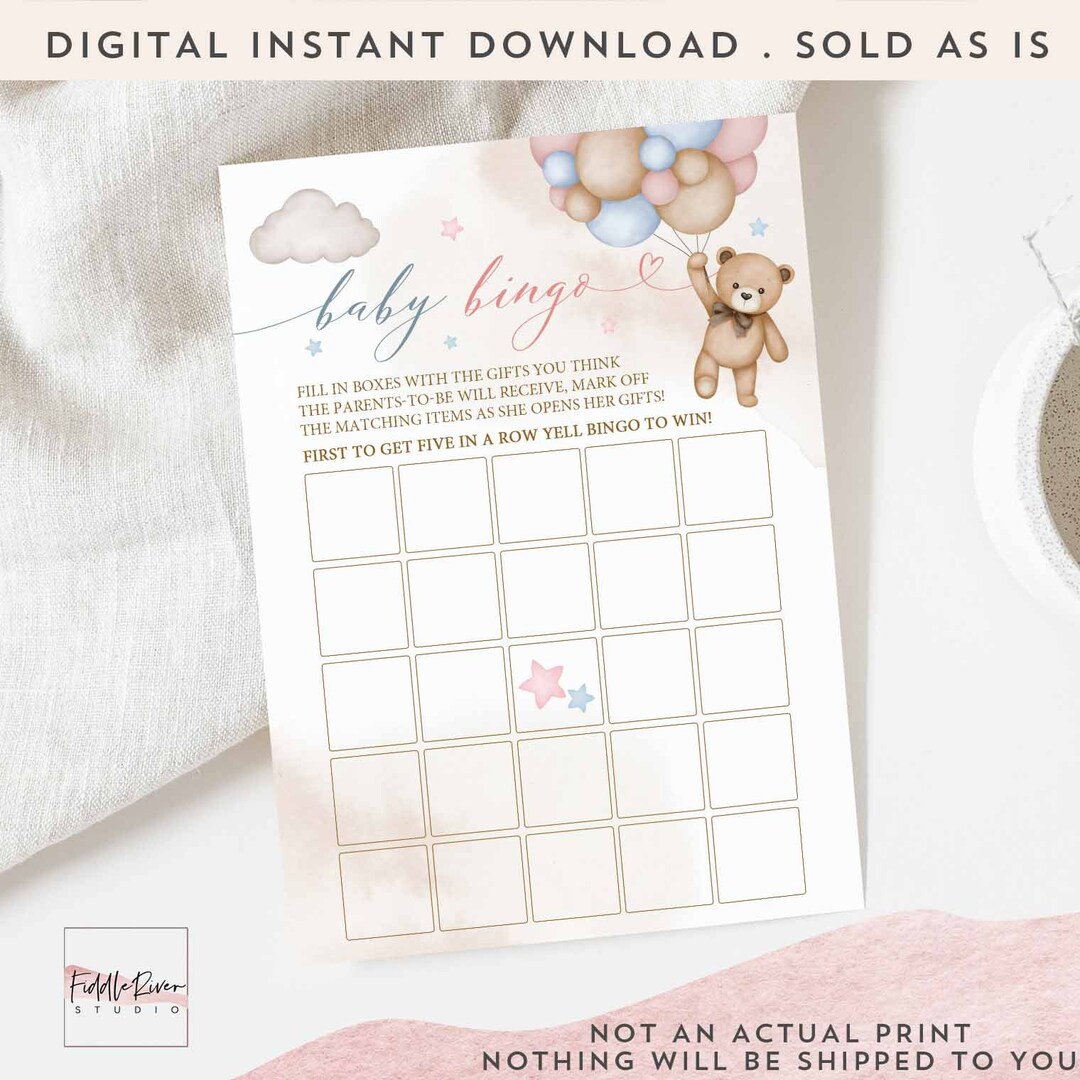 Pink Blue Teddy Bear Baby Shower Baby Bingo Game Card Gender Reveal ...