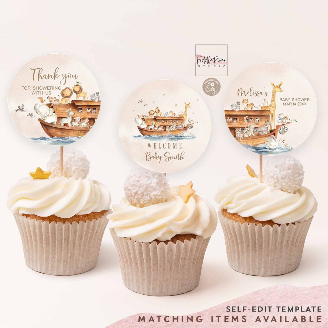 Editable Gender Neutral Noah's Ark Theme Animals 2" Cupcake Topper ...