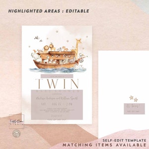 Editable TWIN Gender Neutral Noah's Ark Theme Animals Twins Baby Shower ...