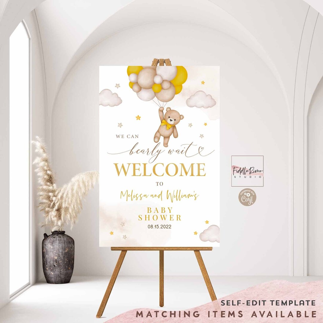 Editable Mustard Yellow Gender Neutral Teddy Bear We Can Bearly Wait ...