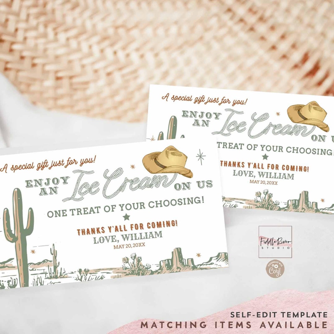 Editable Sage Green Cowboy Theme Wild West Western Ice Cream Ticket ...