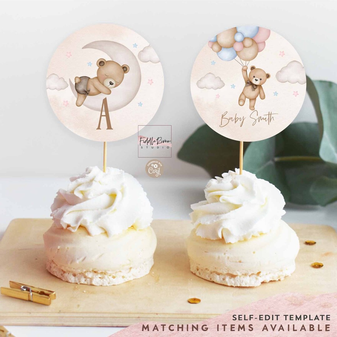 Editable Blue Pink Gender Reveal Teddy Bear 2" Cupcake Topper Sticker ...