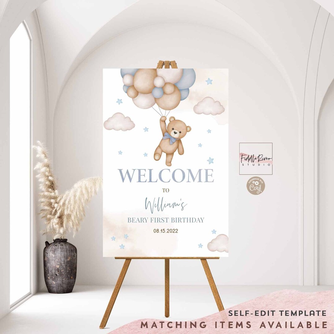 Editable Blue Boy Teddy Bear ANY EVENT Birthday Baby Shower Welcome ...