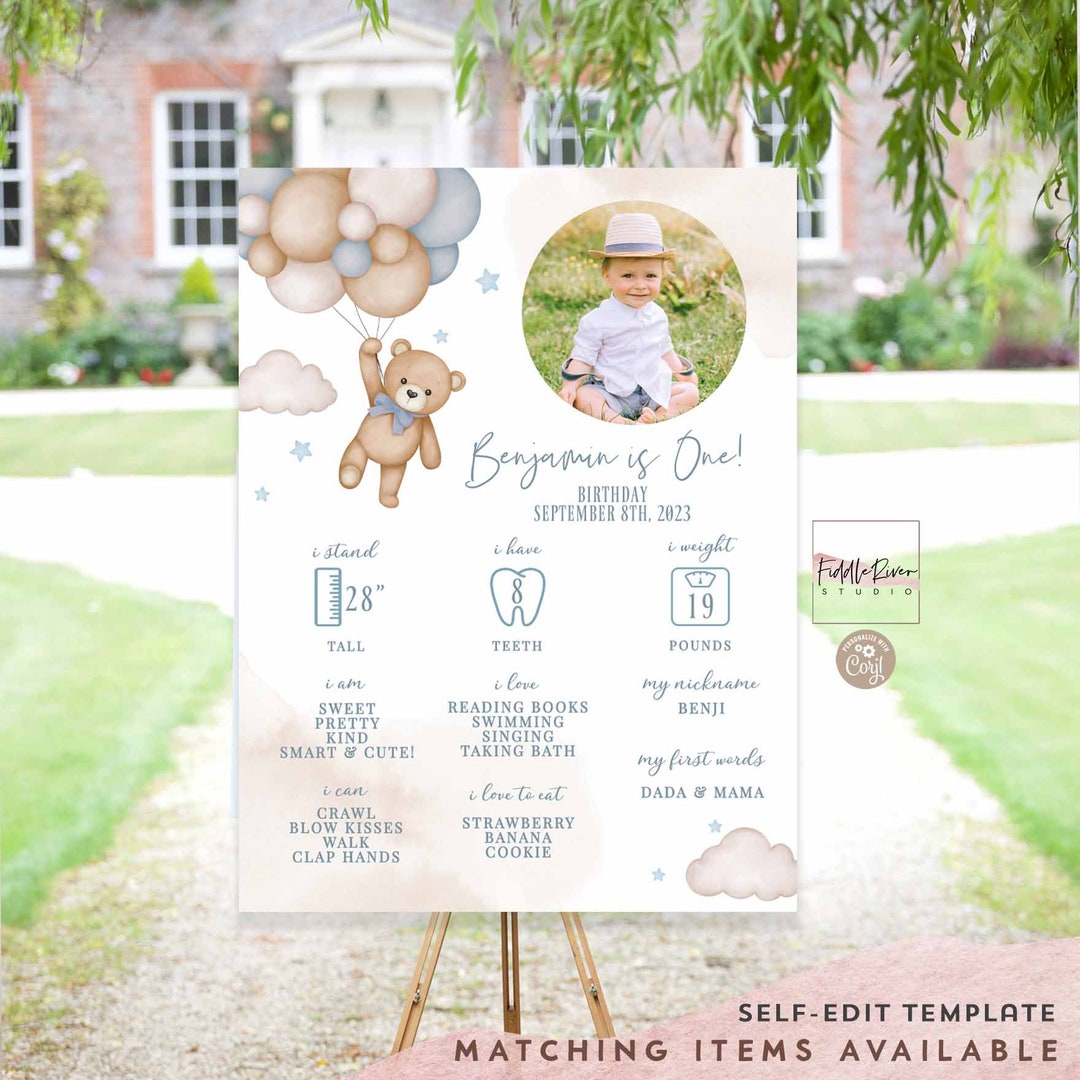 Editable Blue Boy Teddy Bear Birthday Milestone Poster Birthday ...