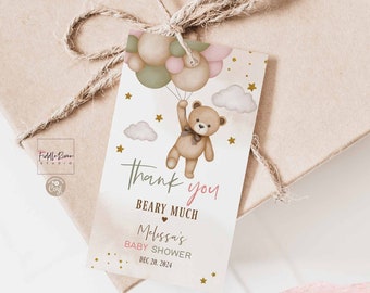 Editable Pink Girl Teddy Bear Thank You Round Tag Sticker Label Thank ...