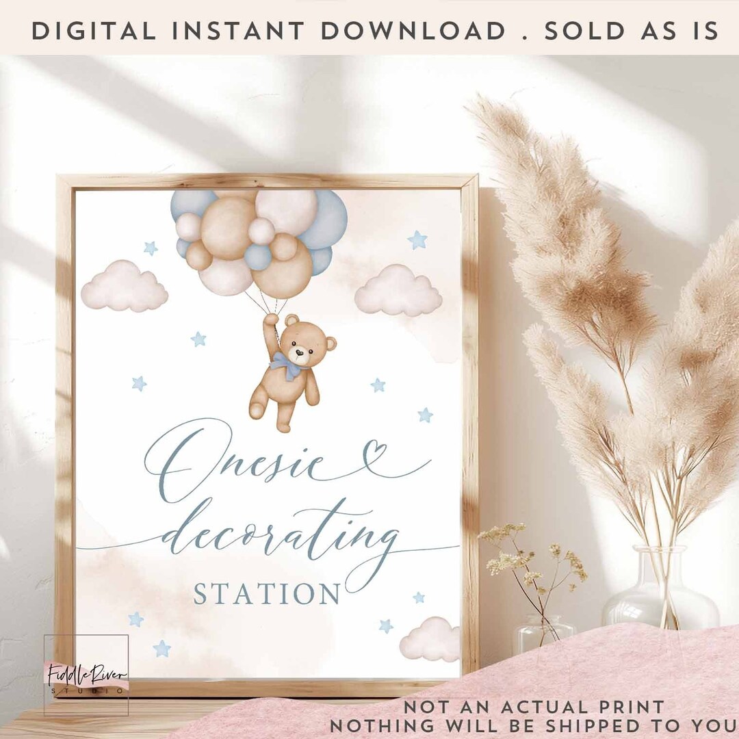 Boy Blue Teddy Bear Baby Shower Onesie Decorating Station Sign Baby ...