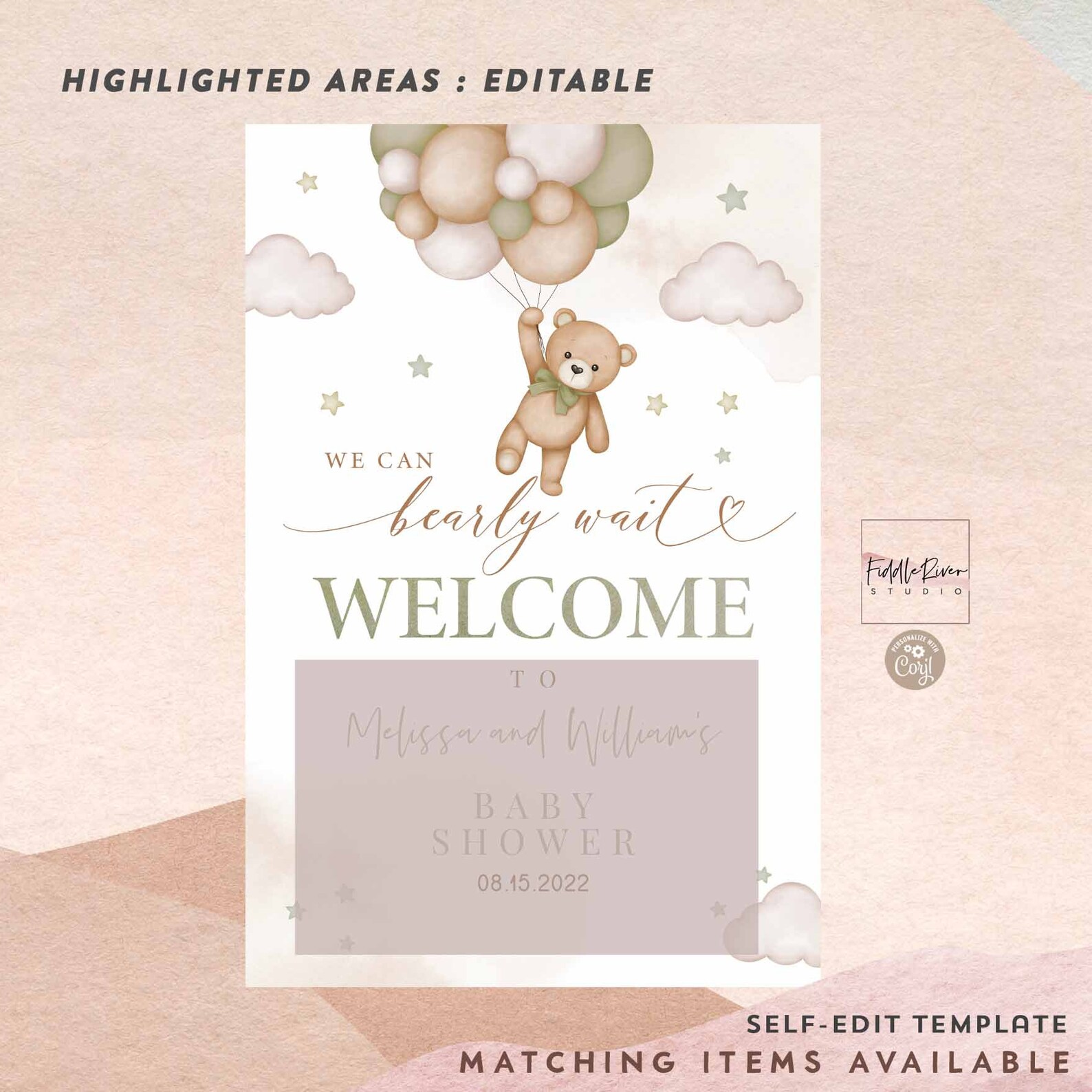 Editable Sage Green Gender Neutral Teddy Bear We Can Bearly - Etsy