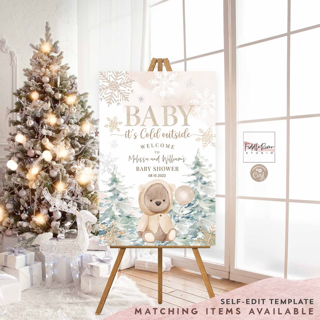 Editable Winter Bear Snowflake Teddy Bear Baby It's Cold Outside Baby ...