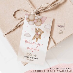 Editable Pink Girl Teddy Bear Thank You Rectangle Tag Sticker Label ...