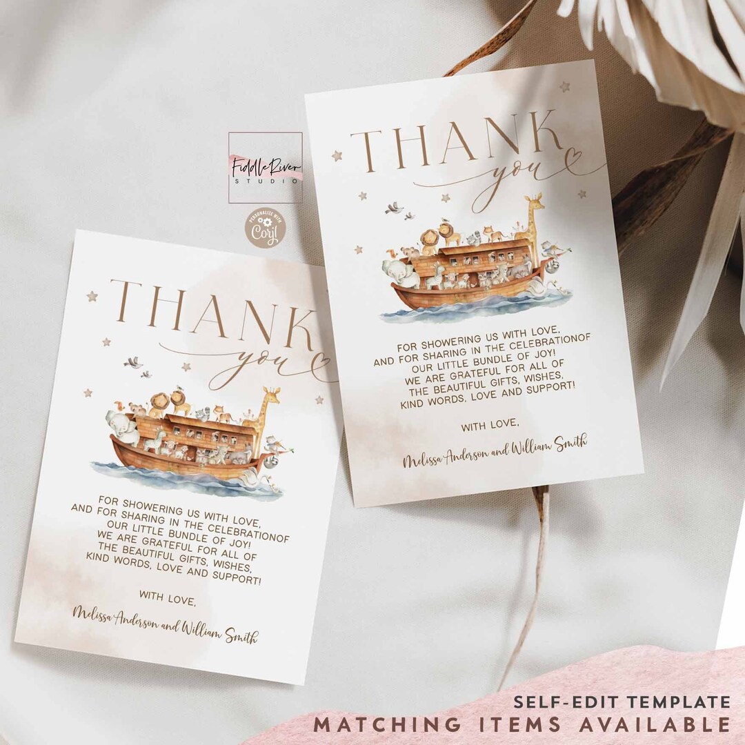Editable Gender Neutral Noah's Ark Theme Animals Baby Shower Thank You ...