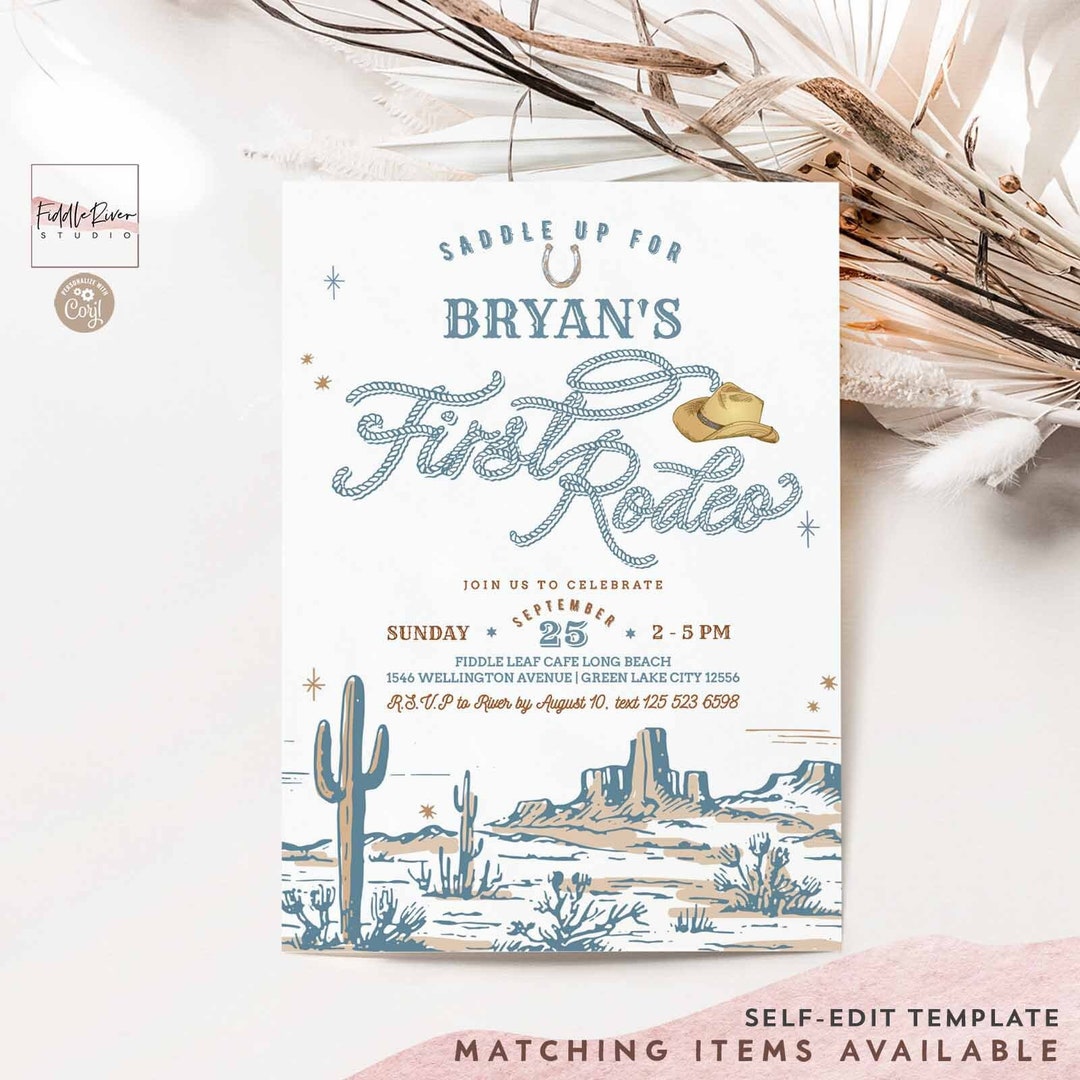 Editable Boy Blue First 1st Rodeo Birthday Invitation Cowboy Theme Wild ...