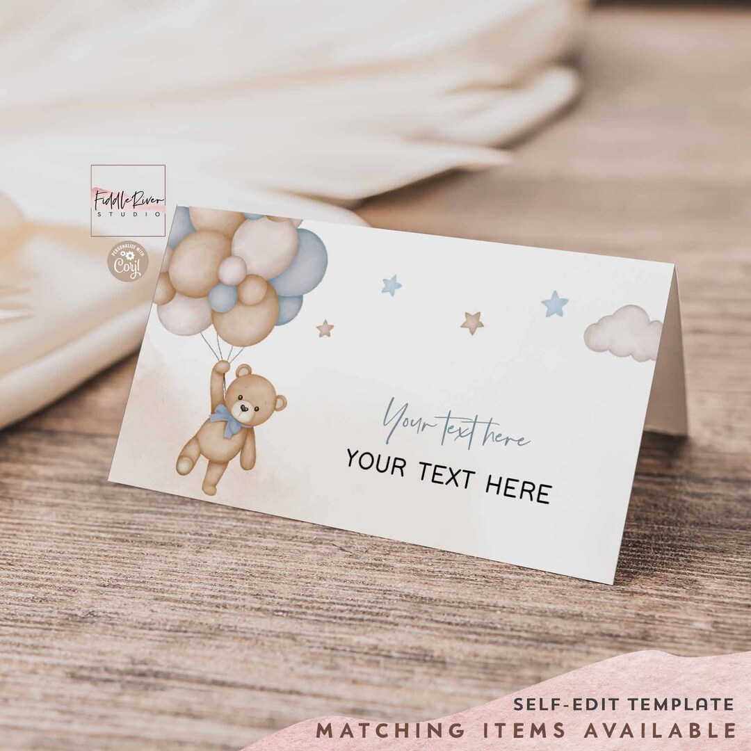 Editable Blue Boy Teddy Bear Folded Place Card Buffet Food Label Guest ...