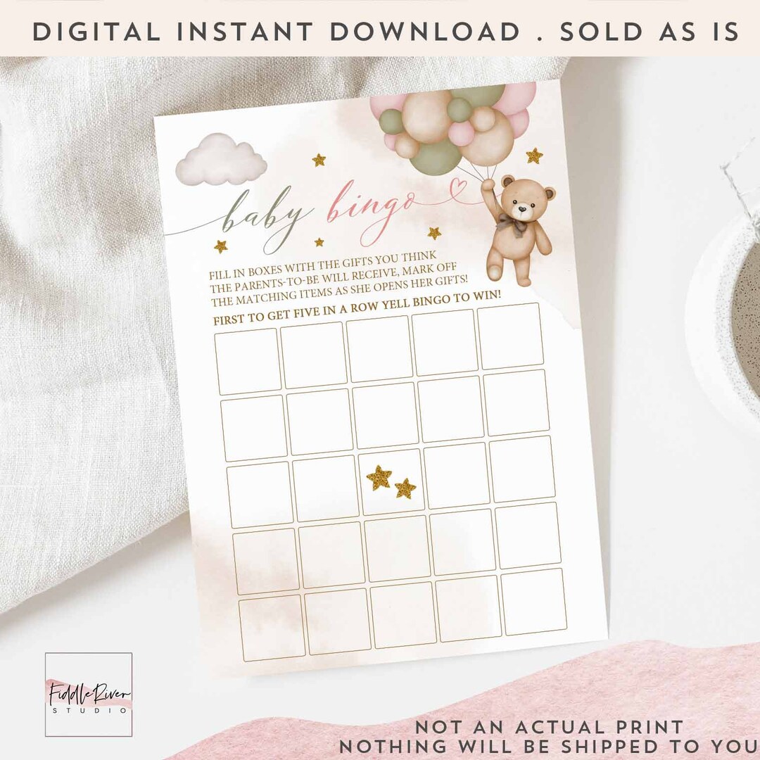 Gold Pink Sage Green Teddy Bear Baby Shower Baby Bingo Game Card Gender ...