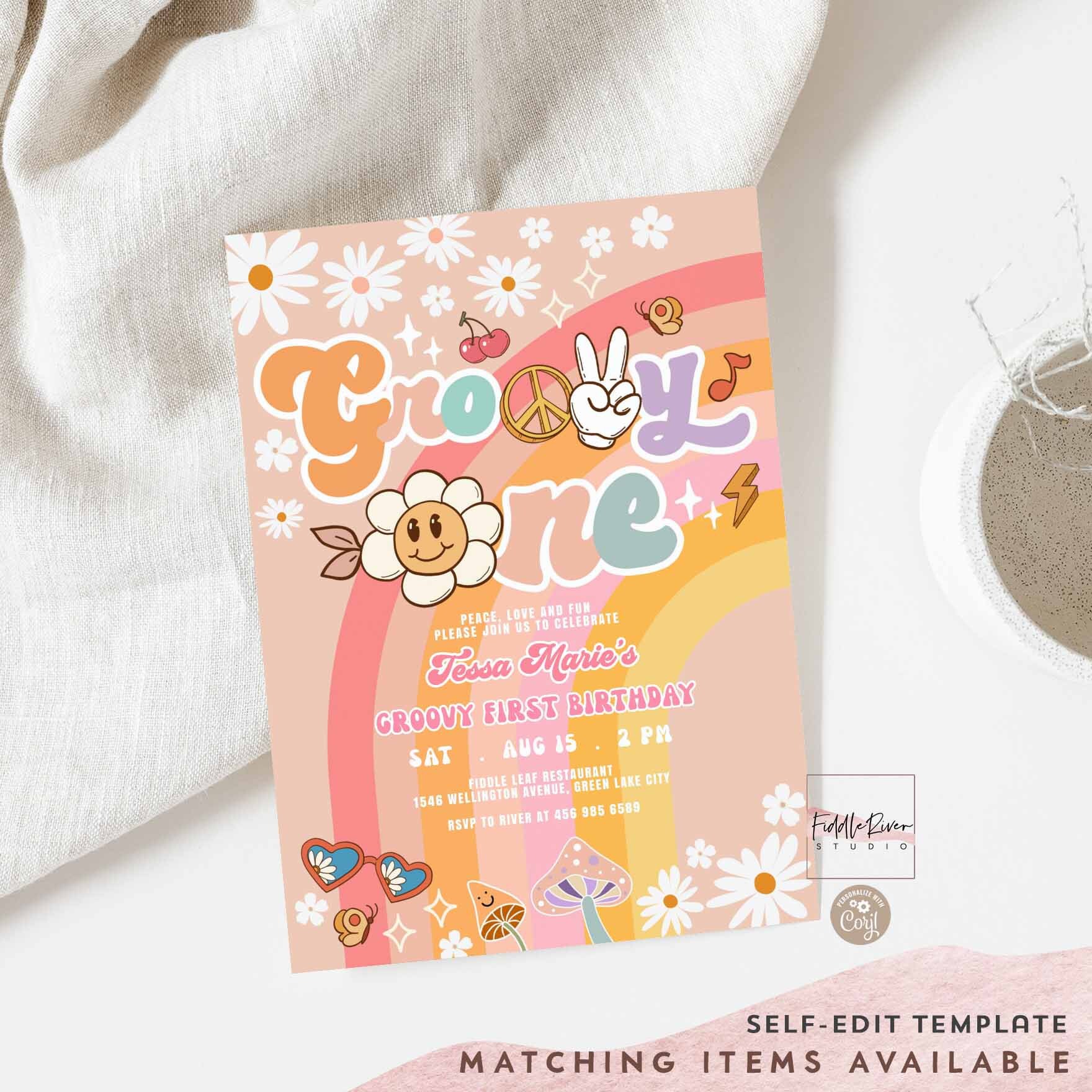 Editable Groovy One Birthday Invitation Groovy Hippie Birthday - Etsy