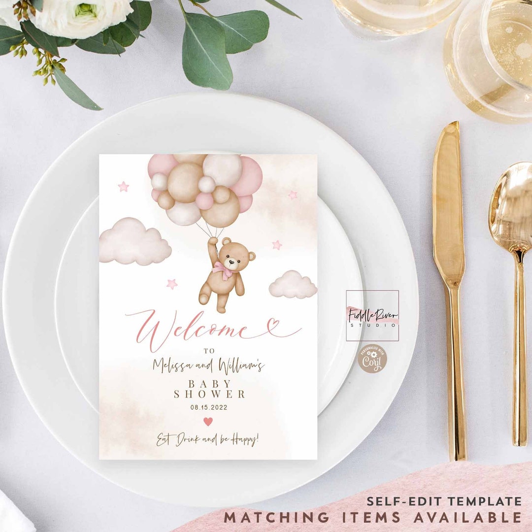 Editable Pink Girl Teddy Bear Welcome Place Card 5x7" Welcome Table ...