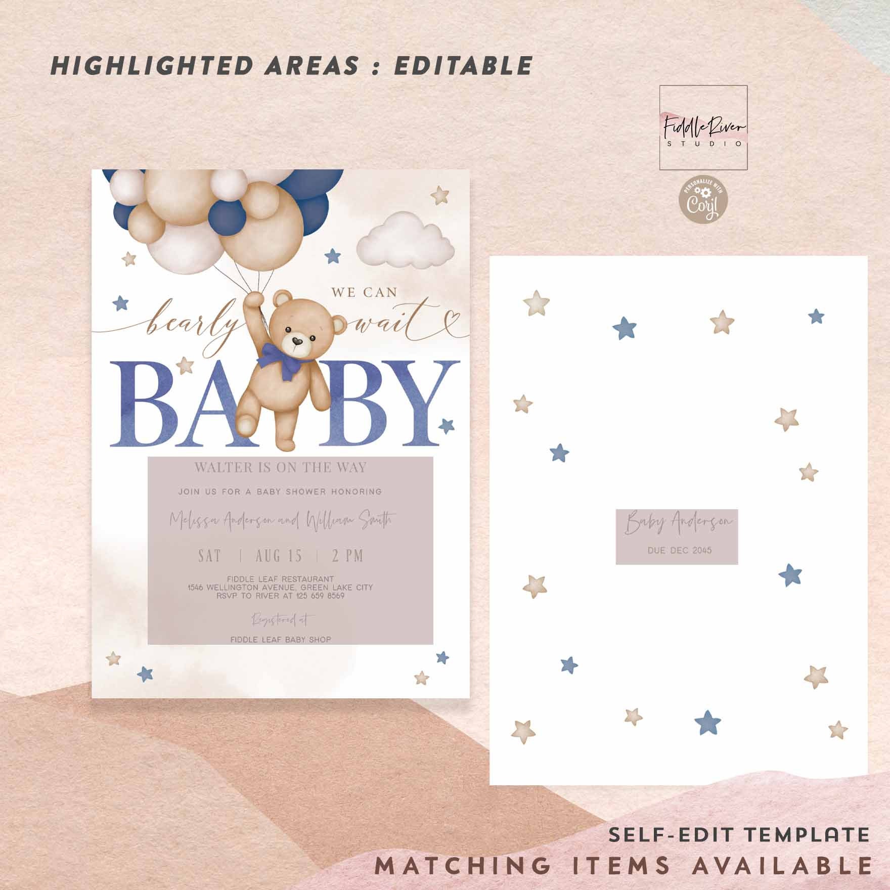 Editable Neutral Indigo Blue Boy Teddy Bear Balloon We Can - Etsy