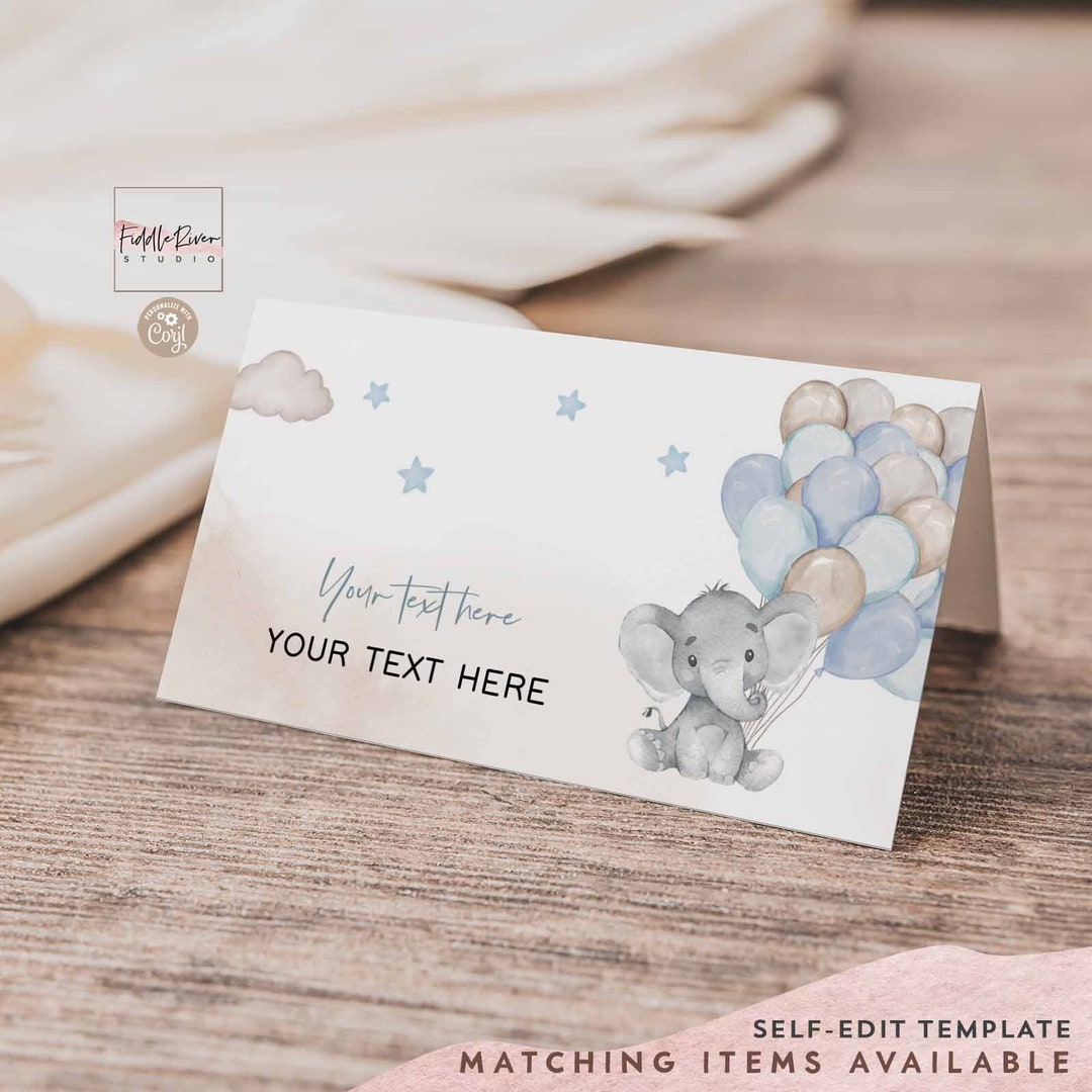 Editable Blue Boy Elephant Folded Place Card Buffet Food Label Guest ...