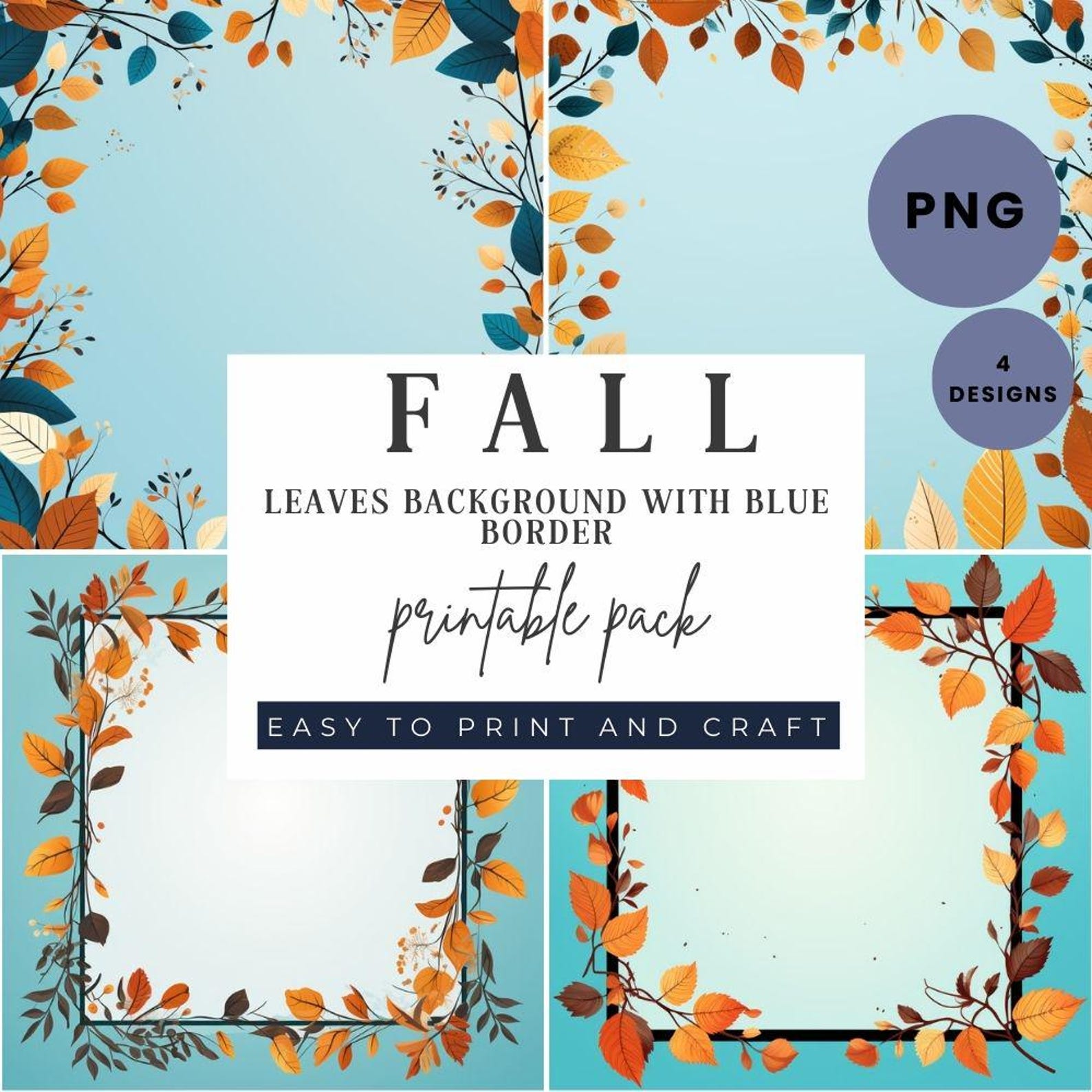 Leaves Background With Blue Border Printable Bundle, Fall Background ...