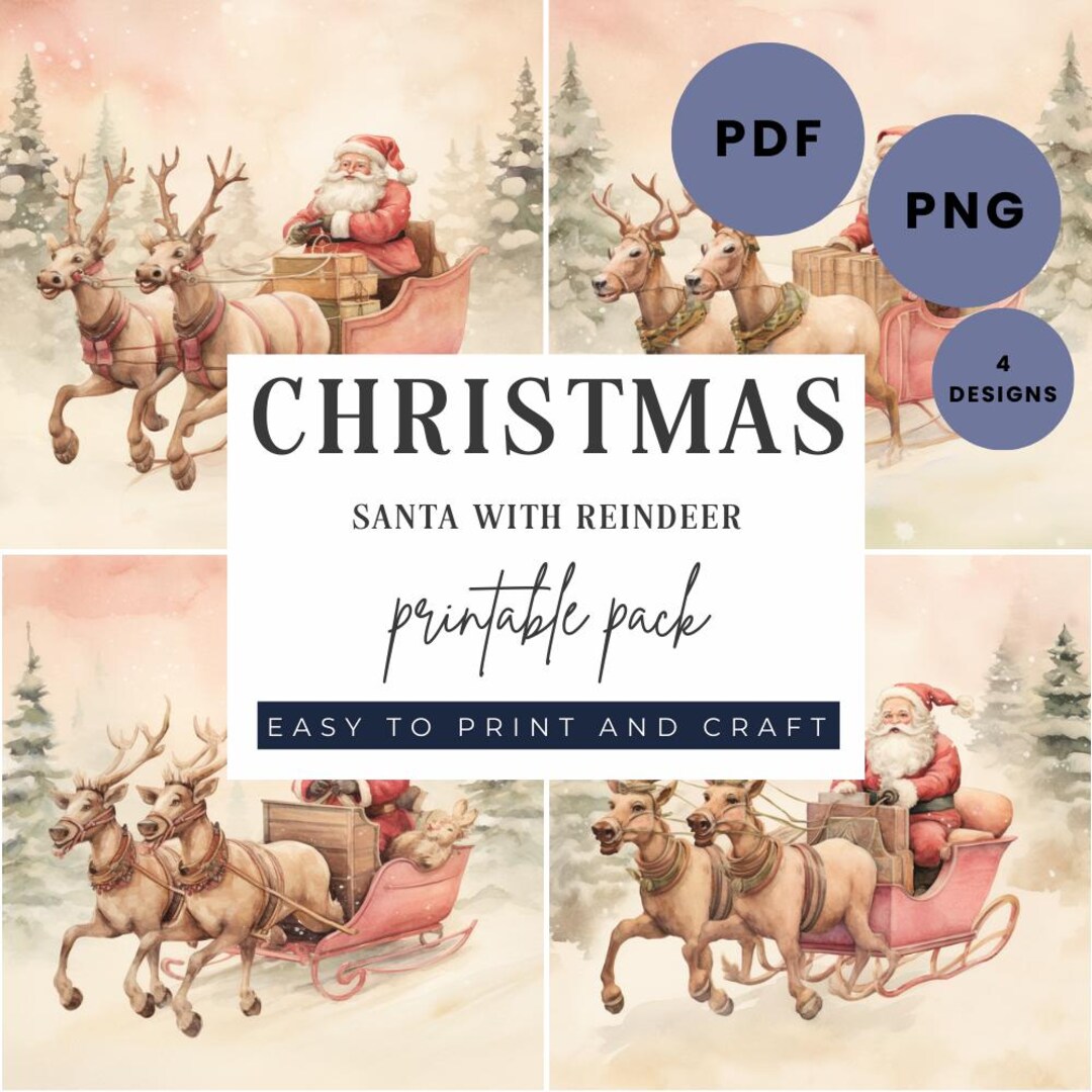 Santa With Reindeer Printable Bundle, Reindeer PNG, DIY Sign, Christmas ...