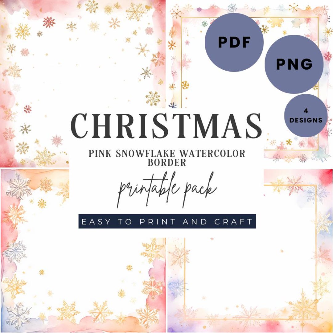 Pink Snowflake Watercolor Border Printable Bundle, Snowflake PNG, DIY ...