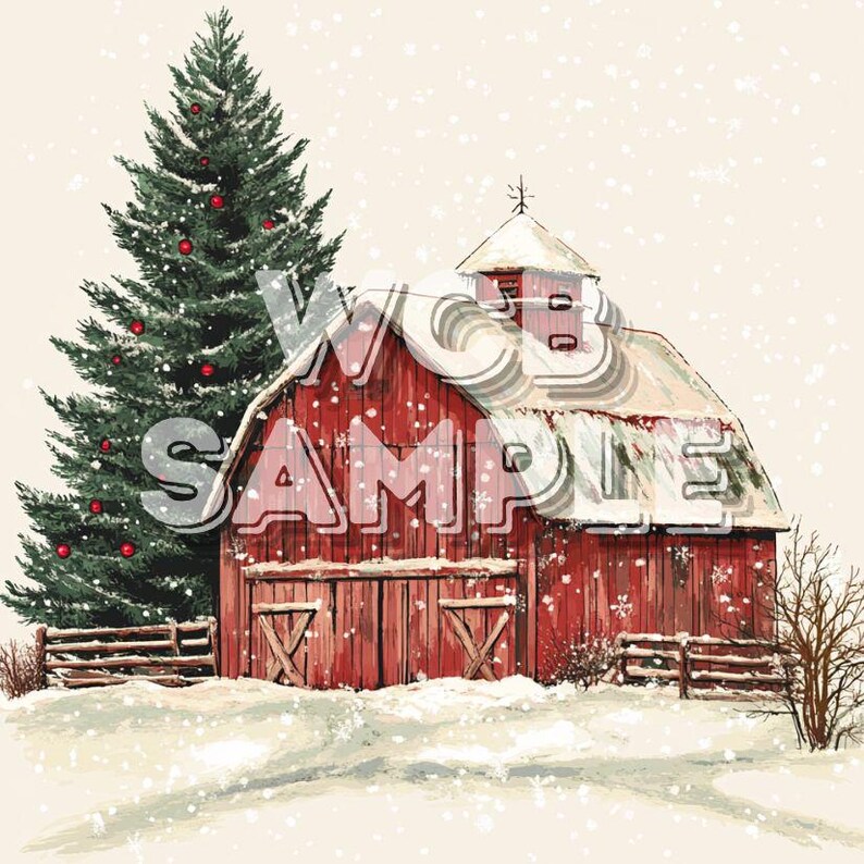 Red Barn Christmas Scene Printable Bundle, Christmas Tree PNG, DIY Sign ...