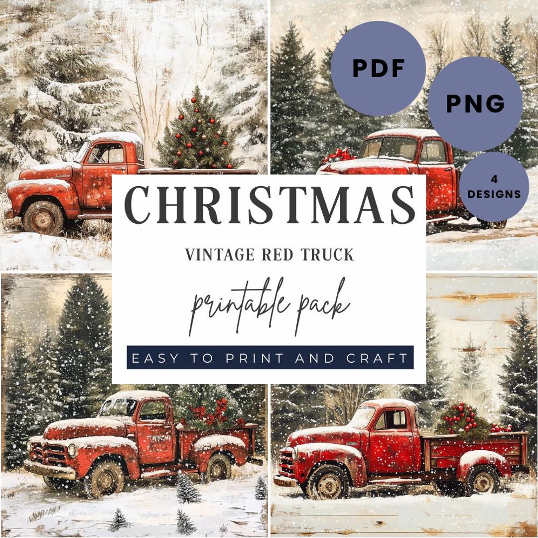Vintage Red Truck Printable Bundle, Red Truck PNG, DIY Sign, Christmas ...