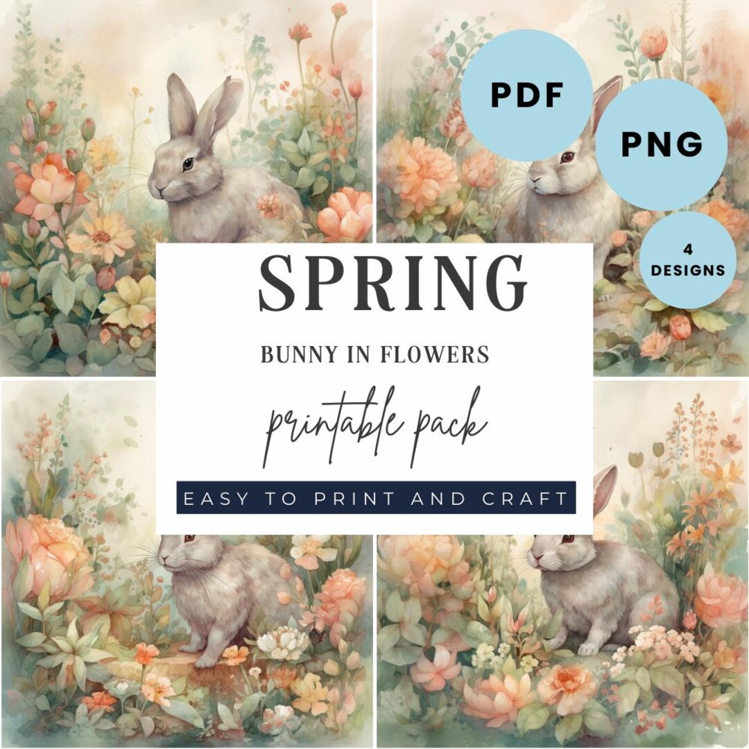 Bunny With Flowers Printable Bundle, Spring Printable, Spring, Rabbit ...