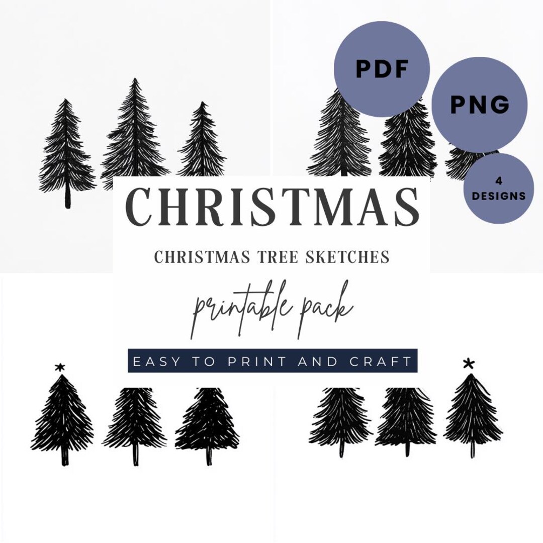 Christmas Tree Sketches Printable Bundle, Christmas Trees PNG, DIY Sign ...