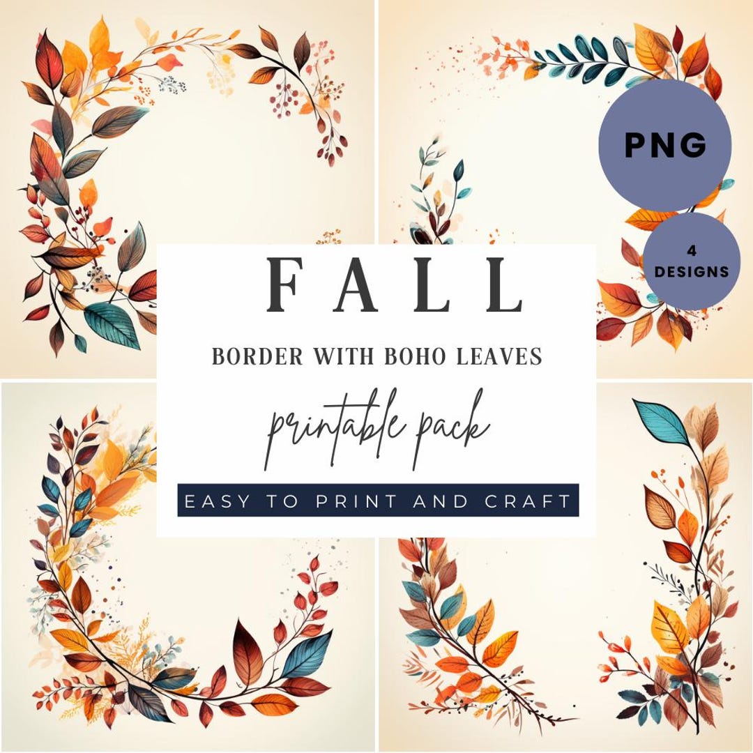Border With Boho Leaves Printable Bundle, Fall Background, Fall Border ...