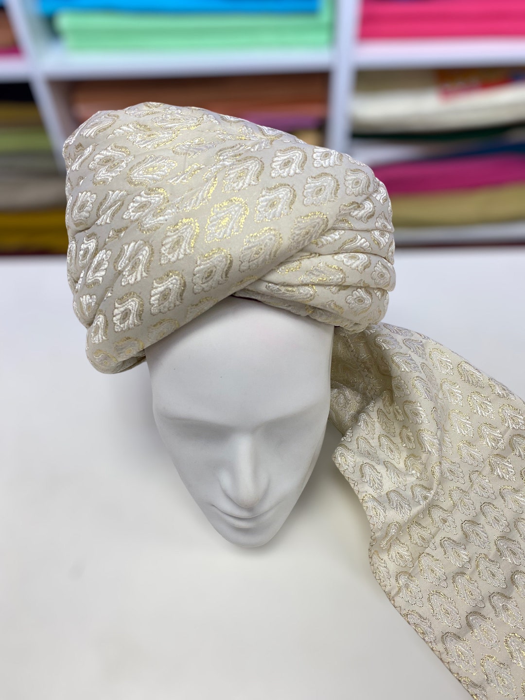 Groom Wedding Turban Turban Cream Golden Self Print Safa Turban/pagdi ...