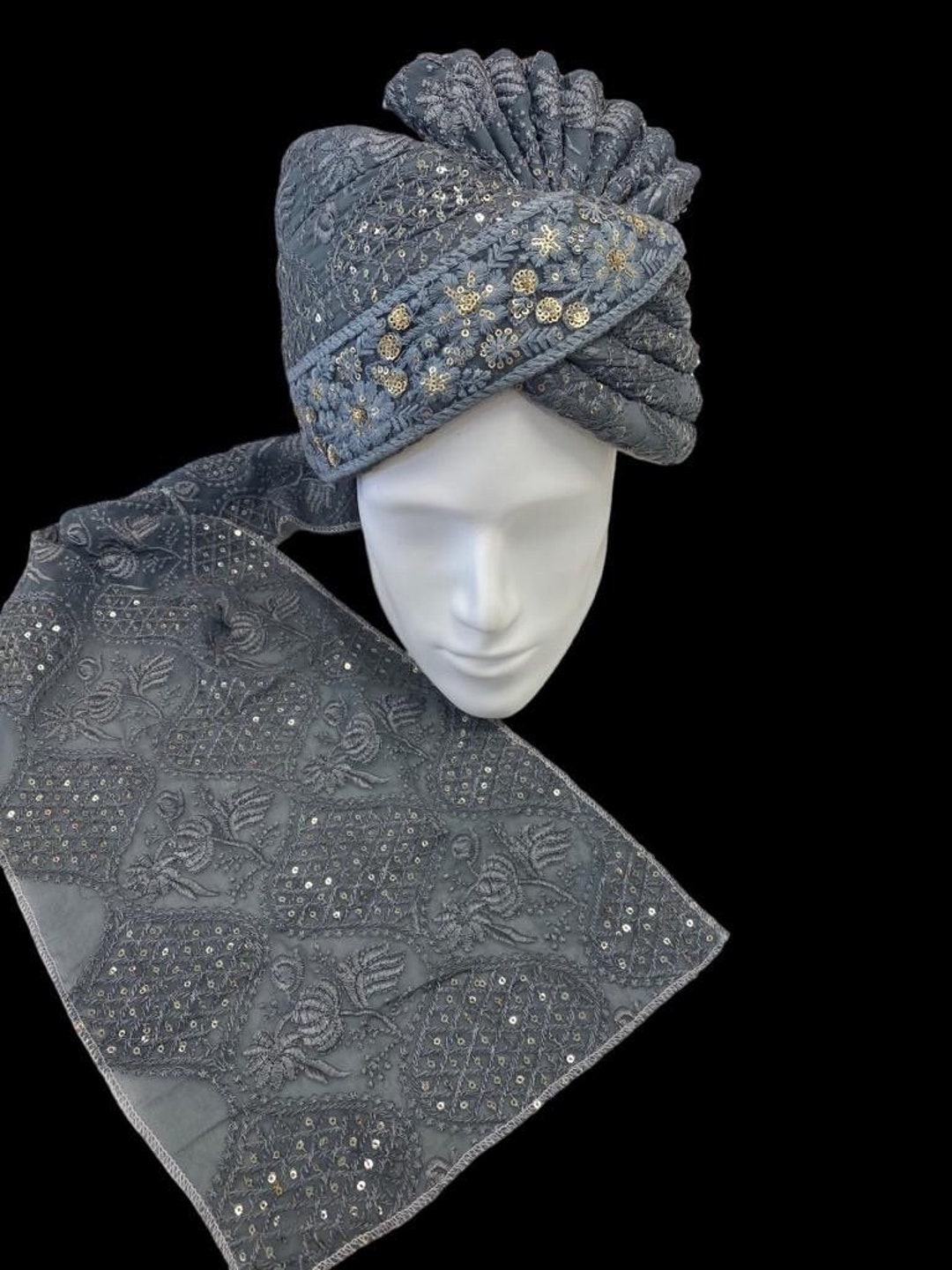 Groom Wedding Turban- Grey Chikankari Adjustableturban(with Velcro ...