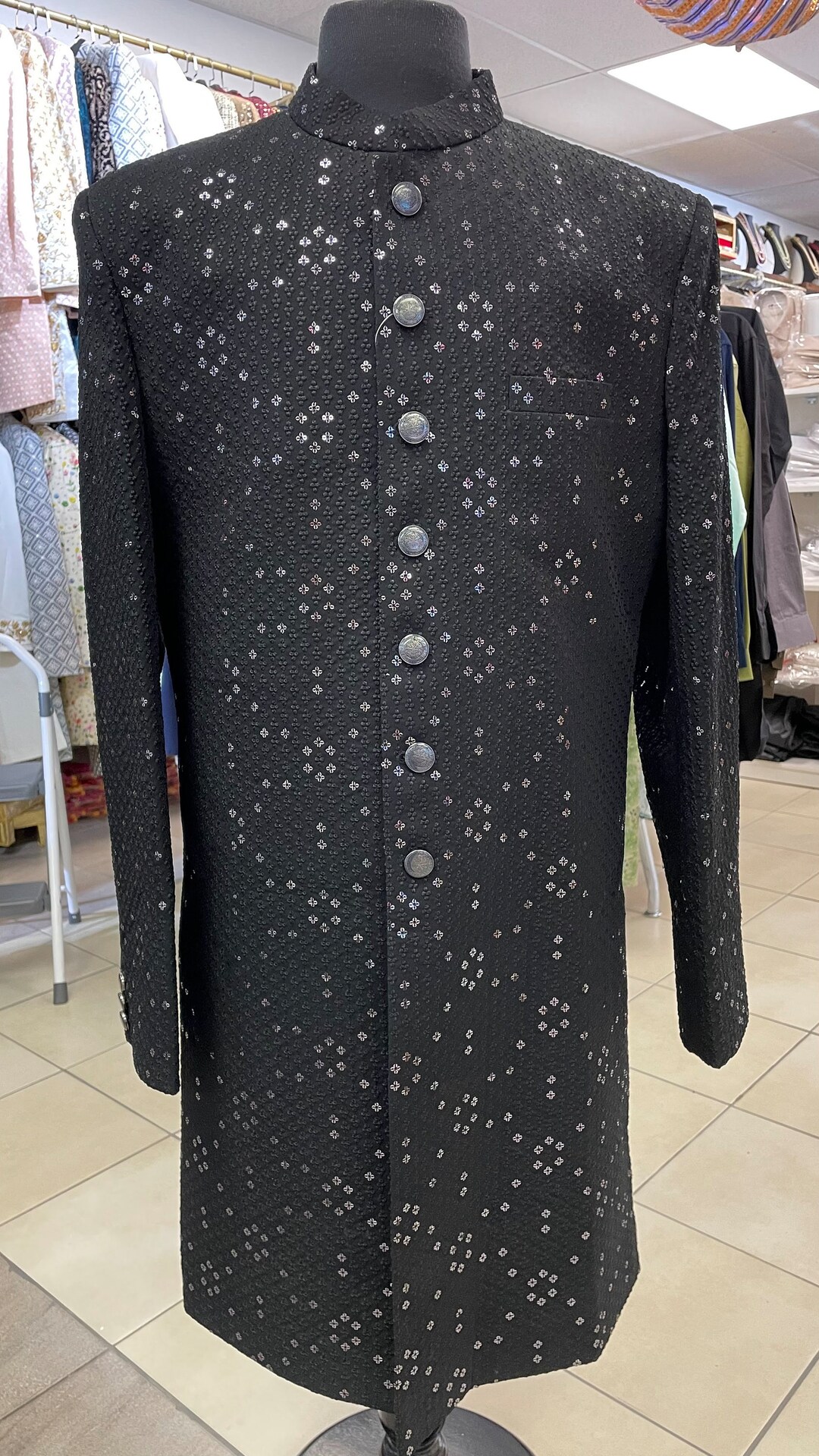 Designer Black Indo Western Coat for Men in Sequence Print - Etsy
