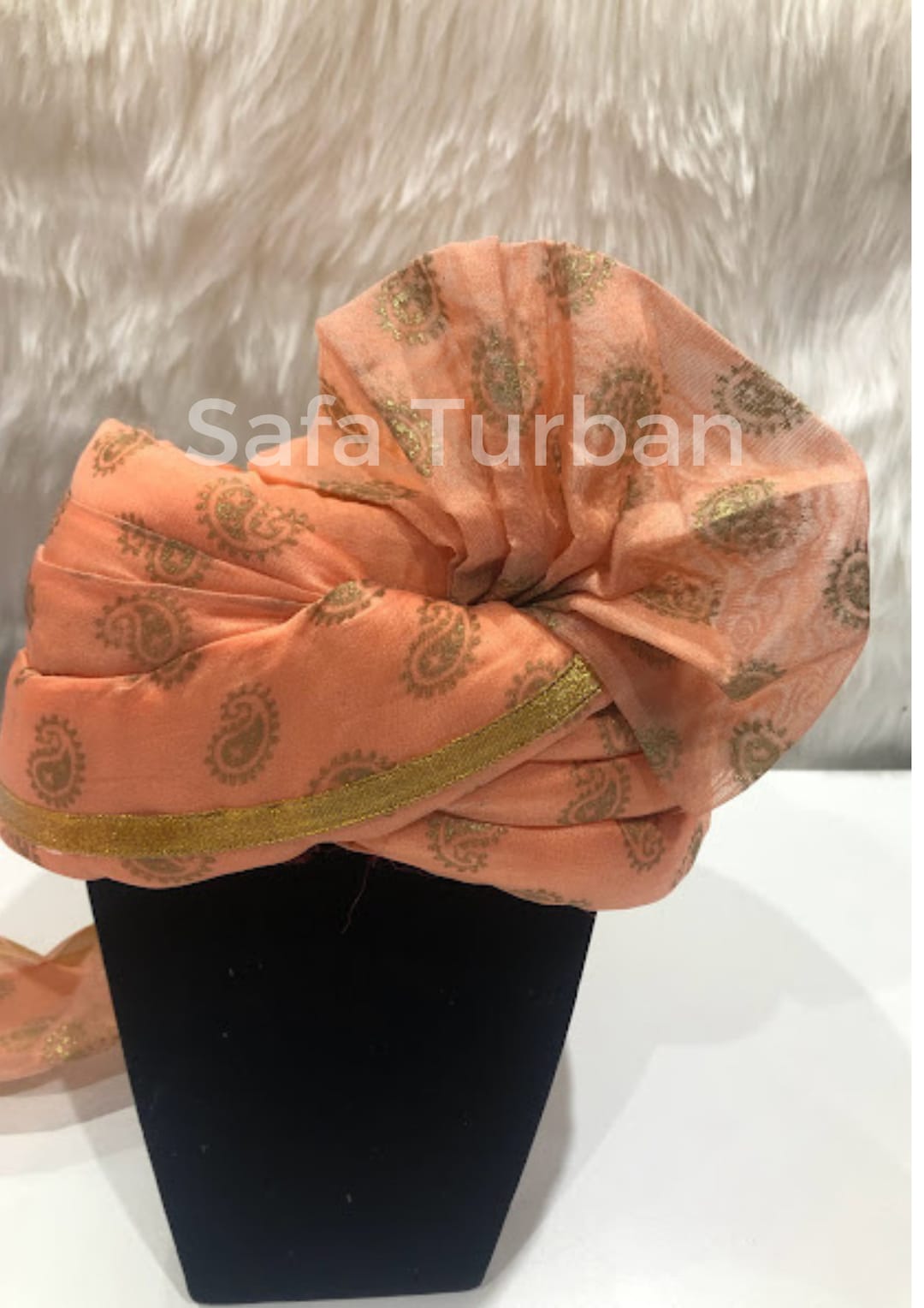 Wedding Turban- Peach Safa With Golden Golden Border and Pasley Design ...