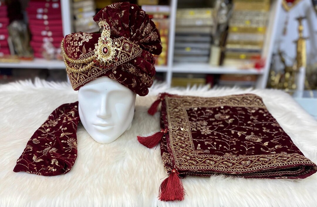 Groom Wedding Turban-red Velvet Turban With Shawl- Safa Turban/pagdi ...