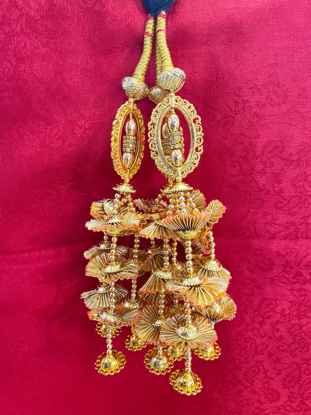 Punjabi Golden Colour Fabric Parandi Tassles Hair Extensions With Beads ...