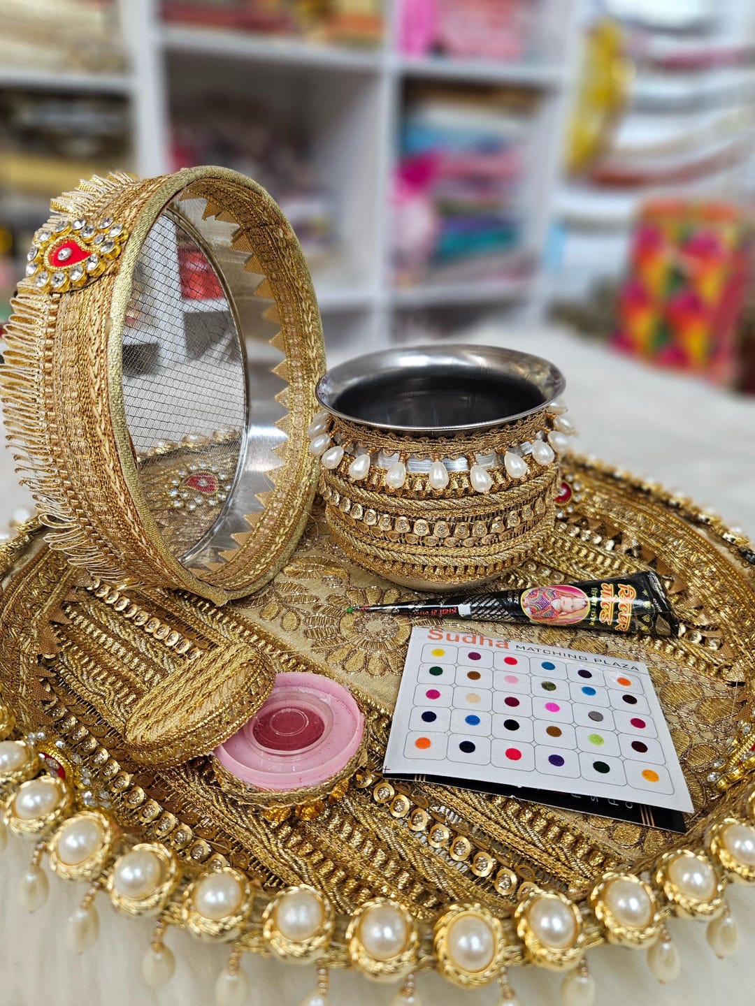 Karwa Chauth Special Puja Thali Set- 7 Items (red Colour) | Decorated Laced Puja Thali/kalash ...