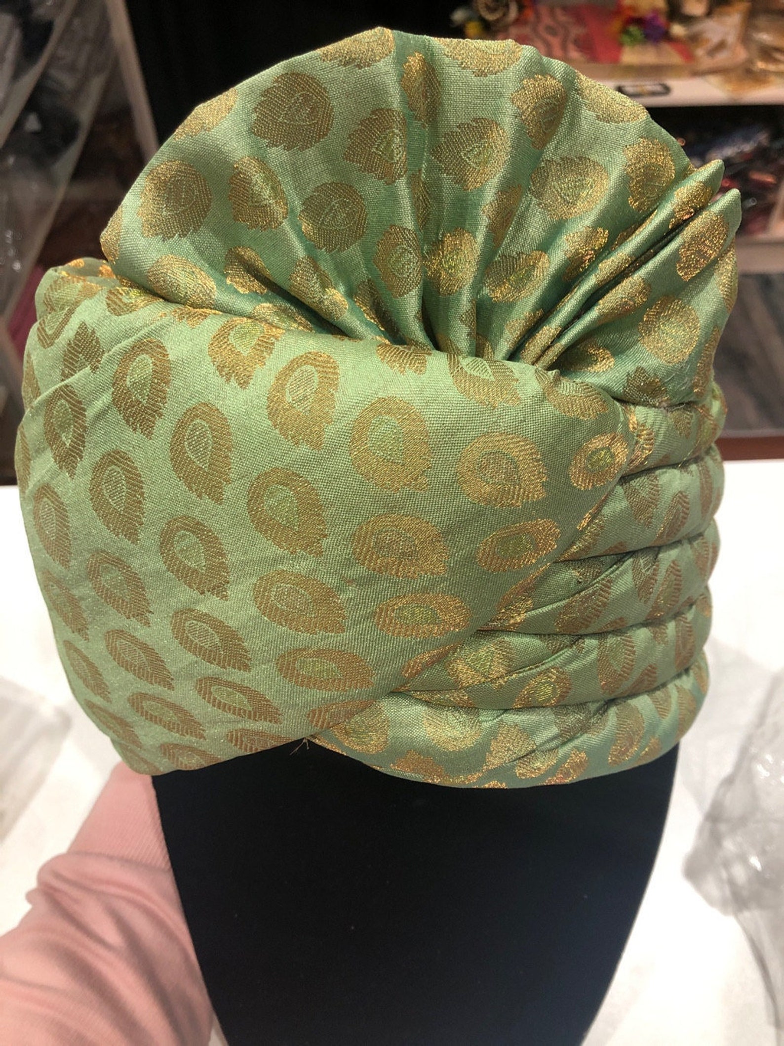 Thalapa- Pista Green With Golden Pattern Thalapa- Safa Turban/pagdi ...