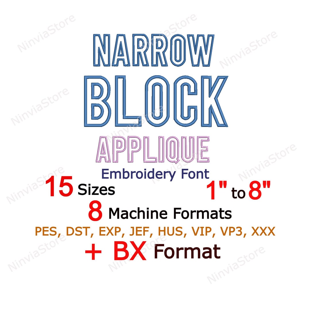 Narrow Block Applique Embroidery Font, Machine Embroidery Design ...