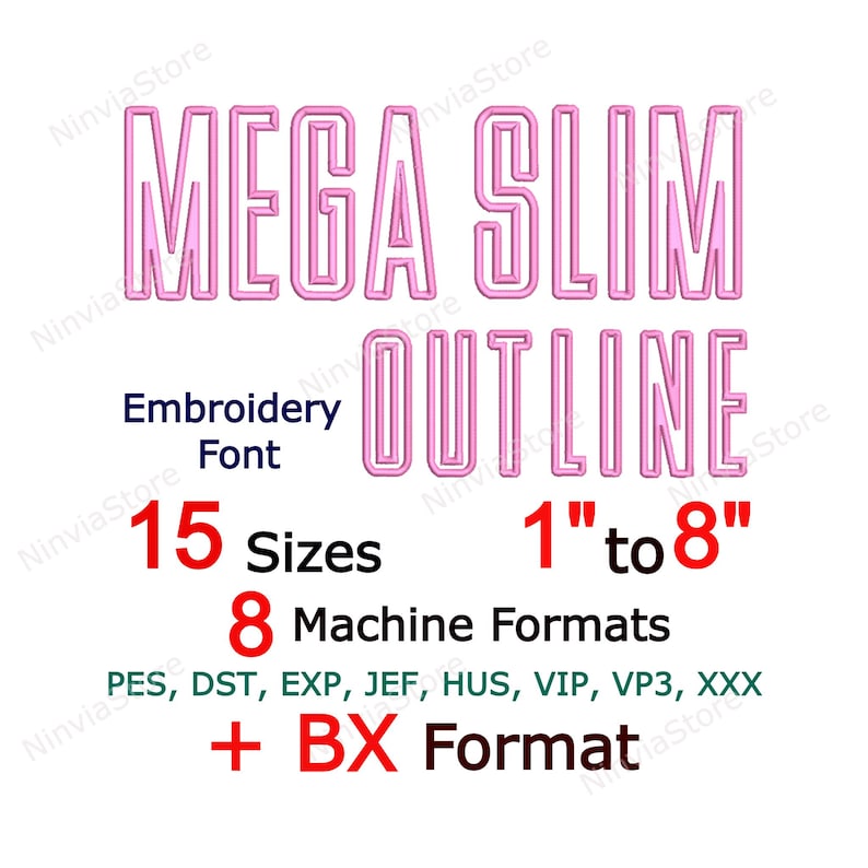 Mega Slim Outline Embroidery Font, Outlined Block Letters BX PES ...