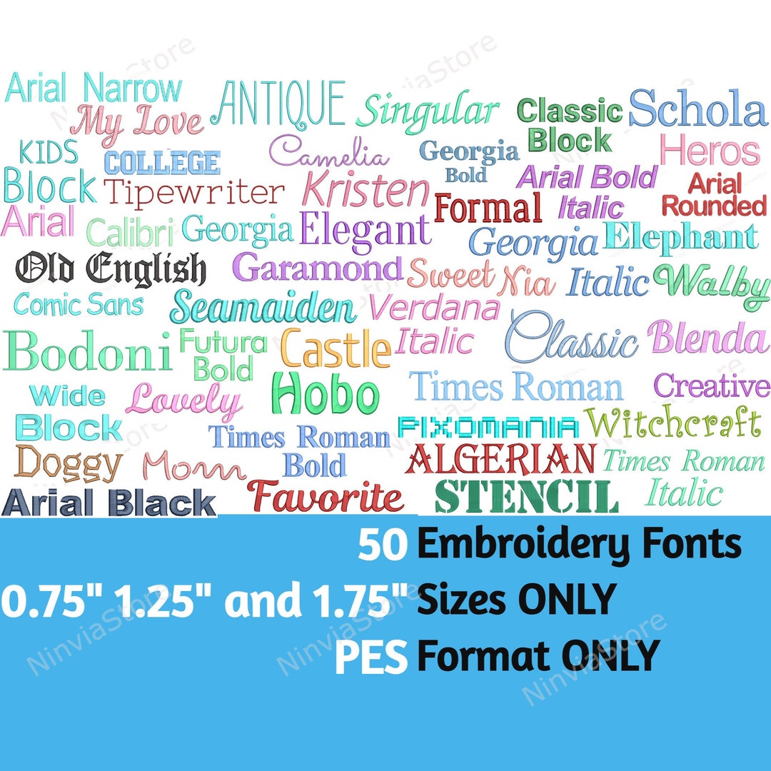 50 PES Embroidery Fonts 0.75" 1.25" 1.75" Sizes, Machine Embroidery ...