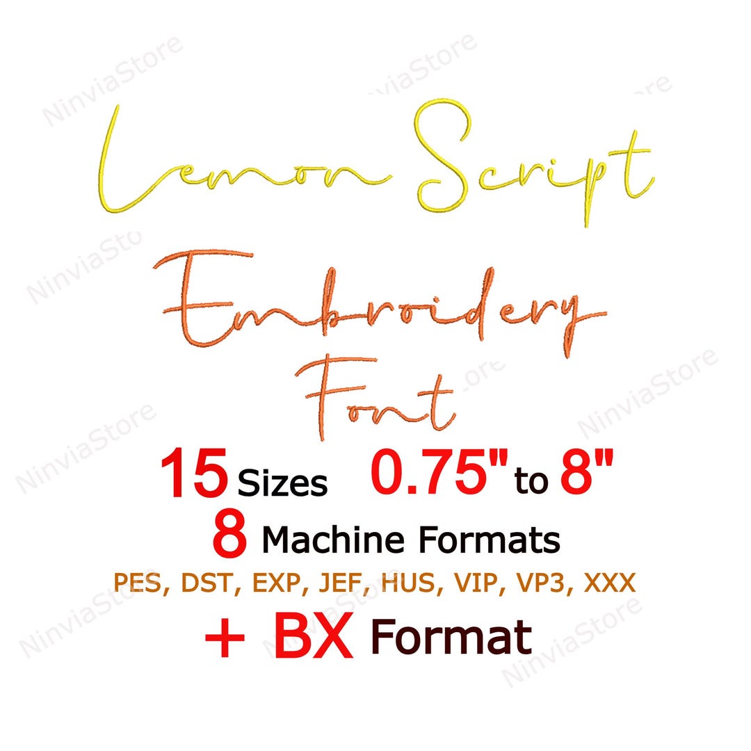 Lemon Script Embroidery Font - Satin Thin Handwitten Letters BX PES +7 ...