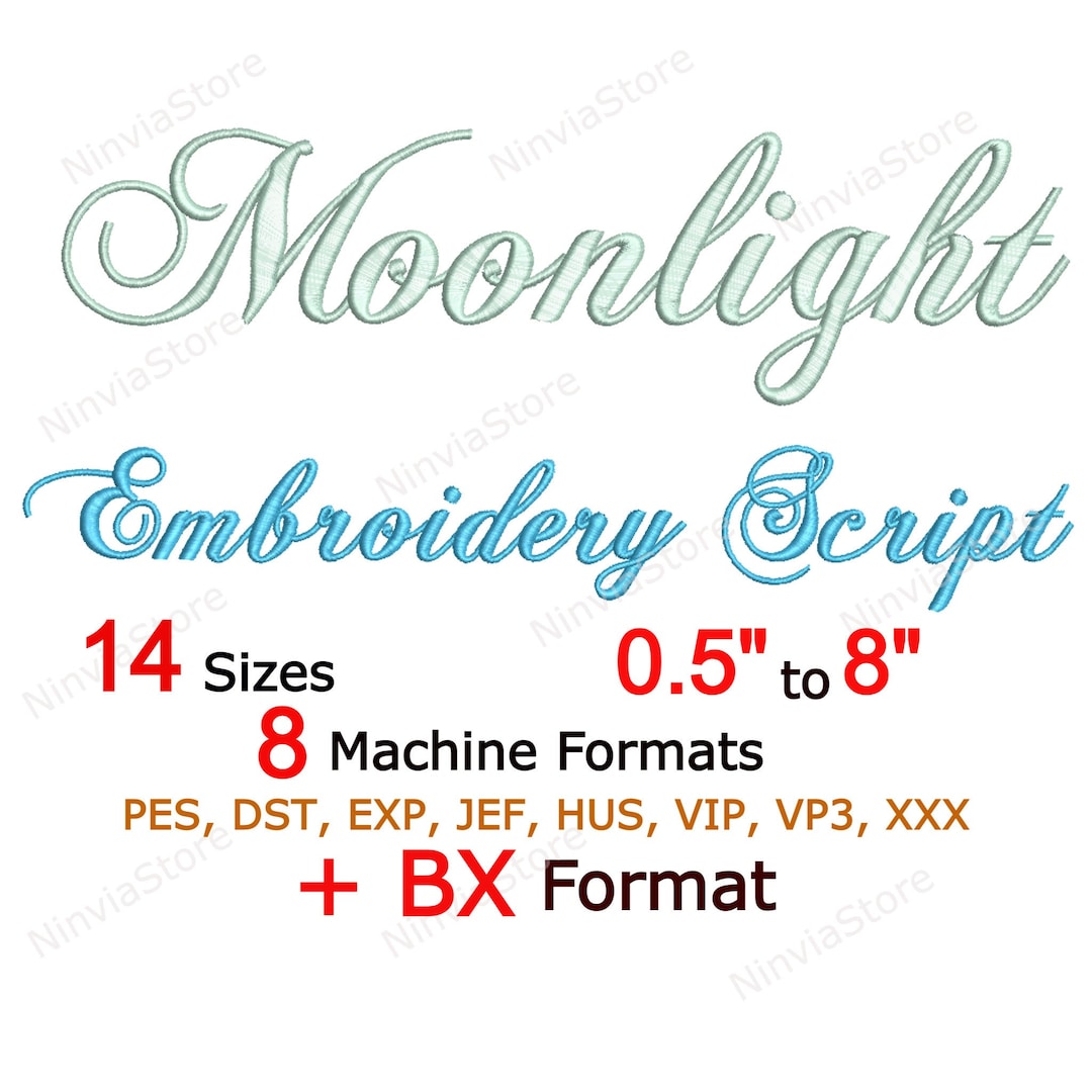 Moonlight Script Embroidery Font, BX Font for Embroidery, PES ...