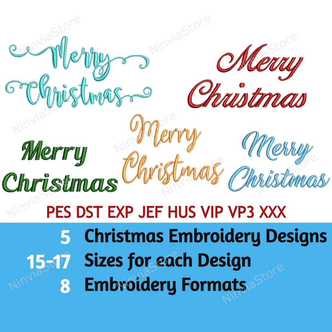 5 Christmas Embroidery Designs, Merry Christmas Machine Embroidery ...
