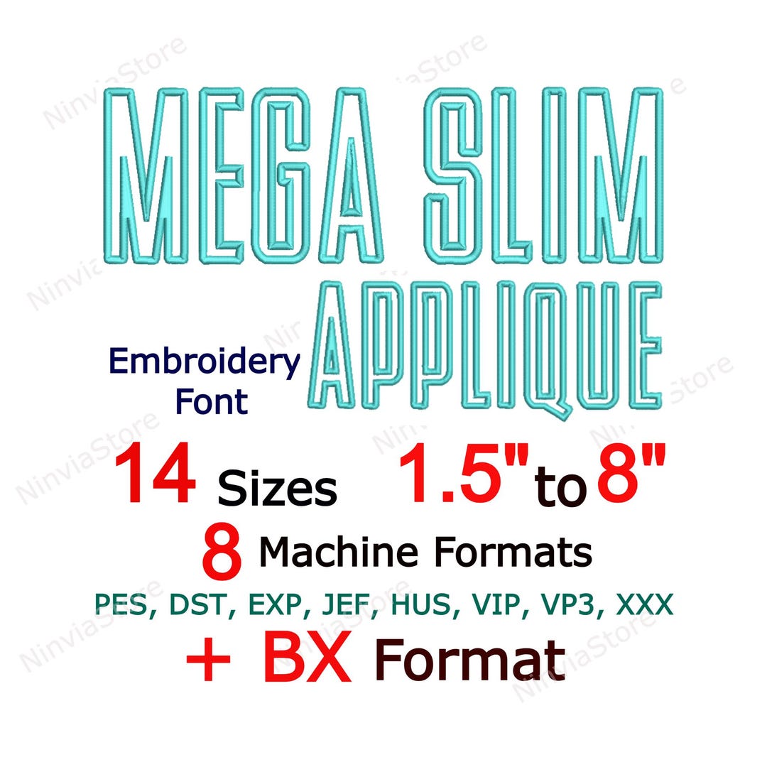 Mega Slim Block Applique Embroidery Font, Machine Embroidery Design ...