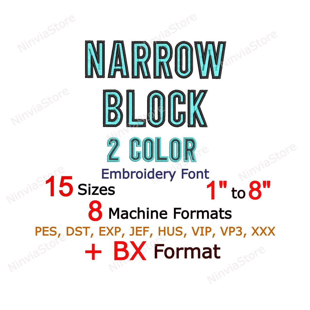 2 Color Narrow Block Embroidery Font, BX Font, Outline Border Block ...