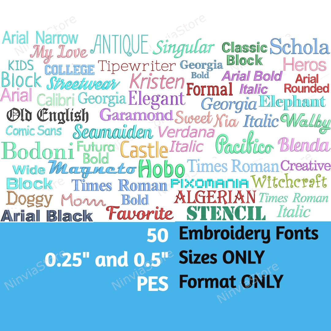 50 PES Embroidery Fonts 0.25" and 0.5" Size, Machine Embroidery Font Pe ...