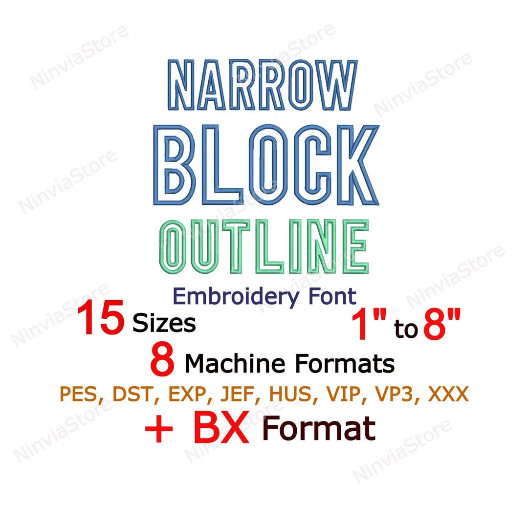 Narrow Block Outline Embroidery Font, Machine Embroidery Design, Block ...