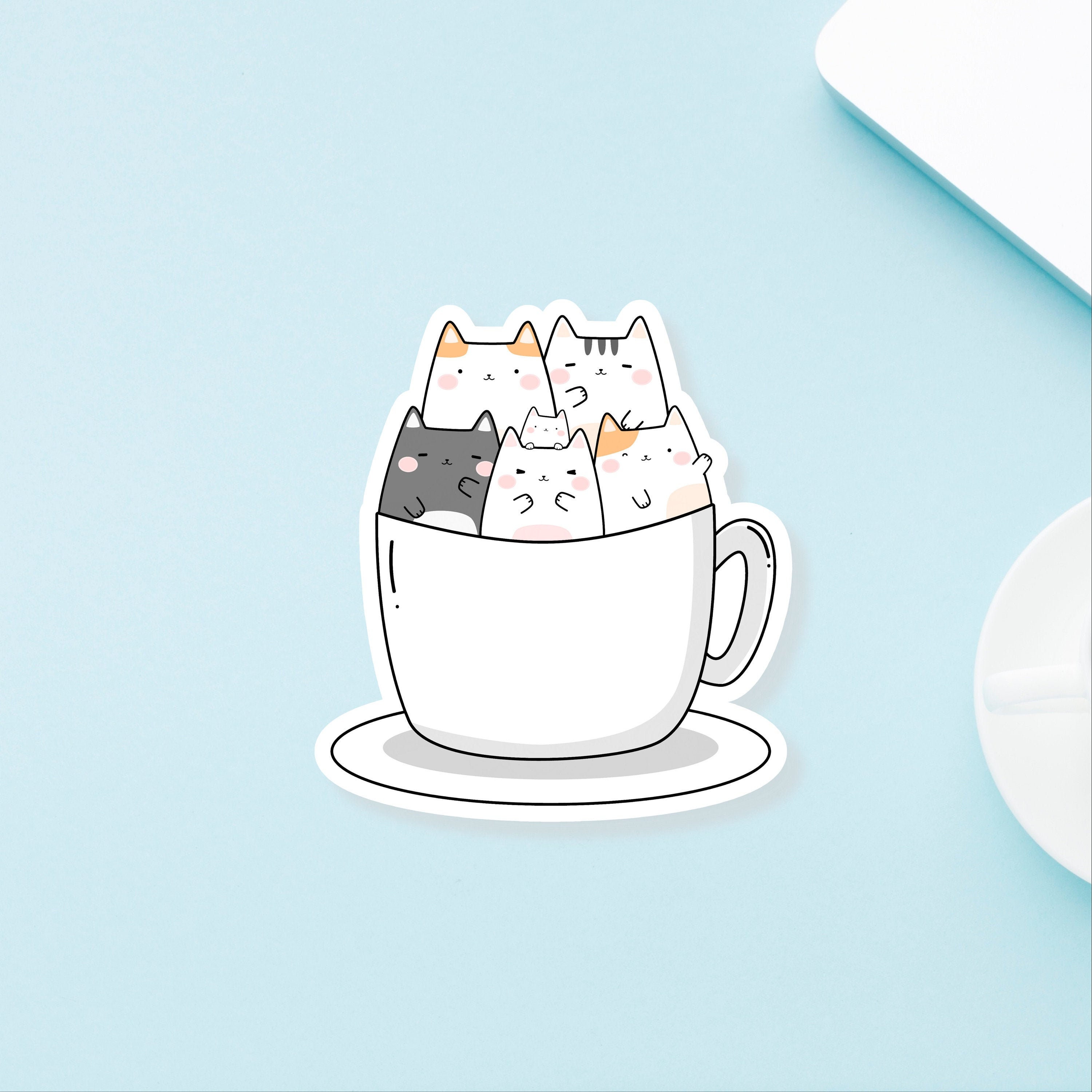 Cat Sticker Cute Cat Sticker Kawaii Cats in a Cup Sticker | Etsy