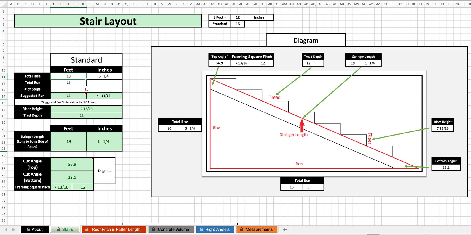 Construction Calculator: Stair Stringer Layout, Rafter Layout, Concrete ...